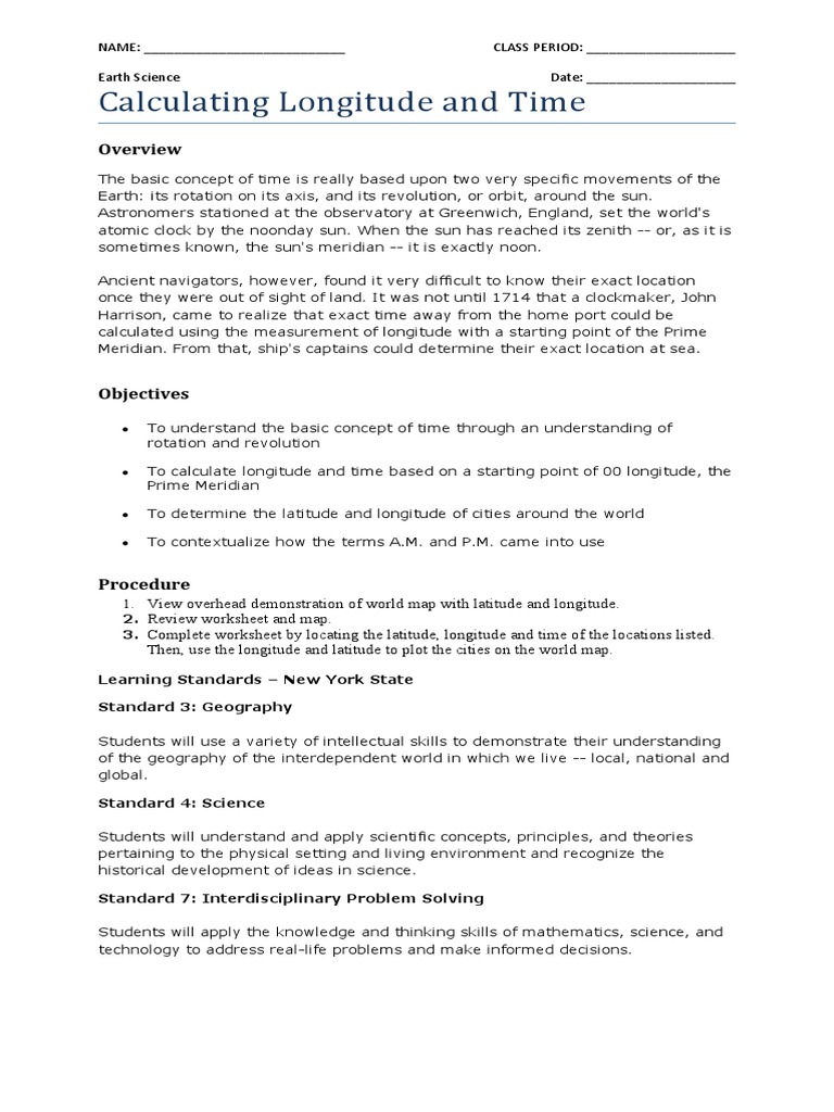 Calculating Longitude and Time: A Lesson on Determining Location Using ...