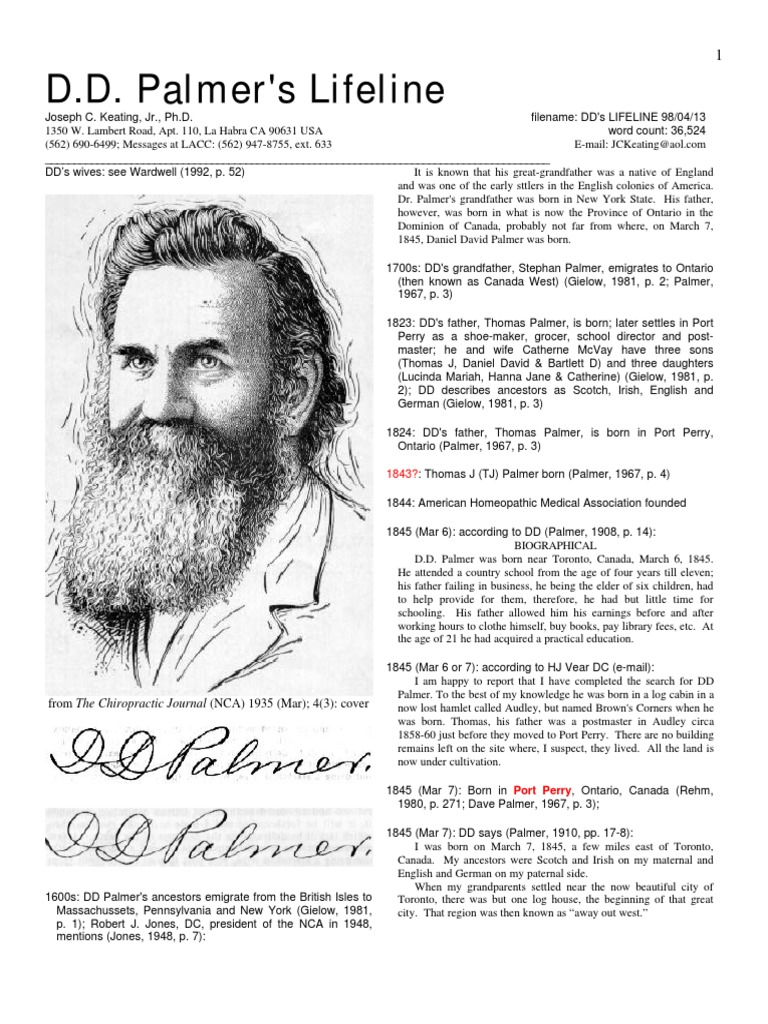 DD Palmer Chronology PDF | PDF | Chiropractic | Manual Therapy