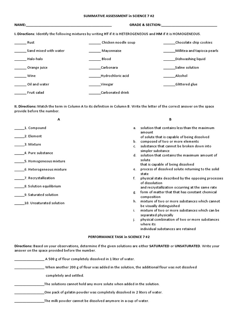 Science 7 Summative Test PT | PDF | Solution | Chemical Substances