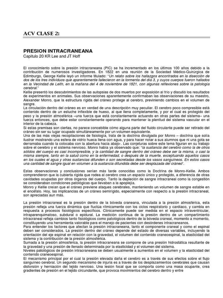 Acv Clase 2:: Capitulo 20 KR Lee and JT Hoff | PDF | Fluido cerebroespinal | Presión sanguínea