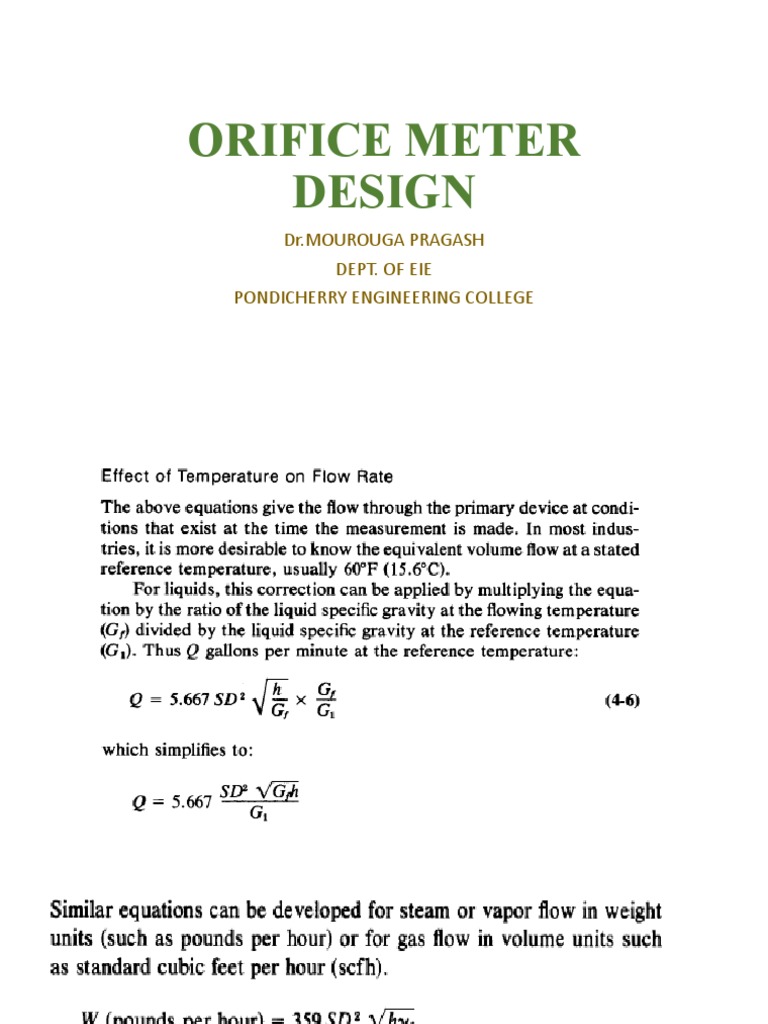Orifice Meter Design: DR - Mourouga Pragash Dept. of Eie Pondicherry ...