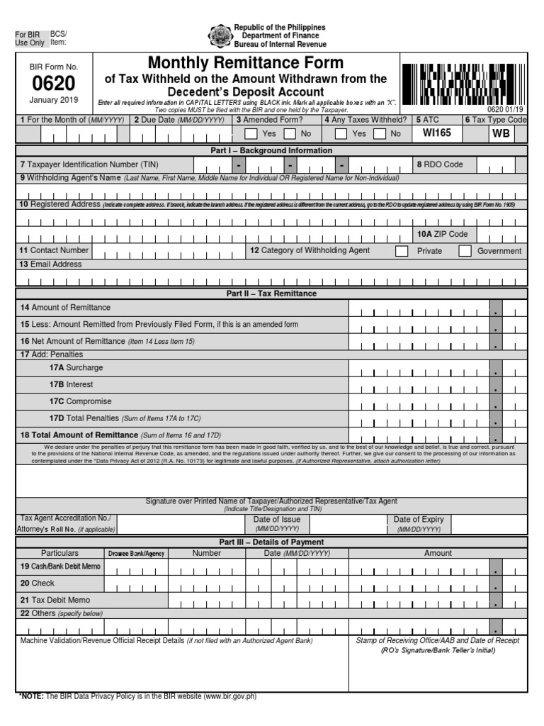 Monthly Tax Remittance Form 0620 | PDF | Withholding Tax | Internal ...