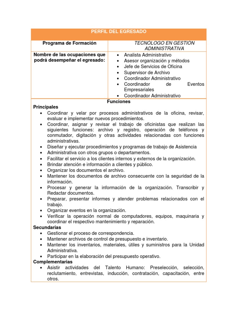 Perfil Tecnólogo Gestión Administrativa | PDF