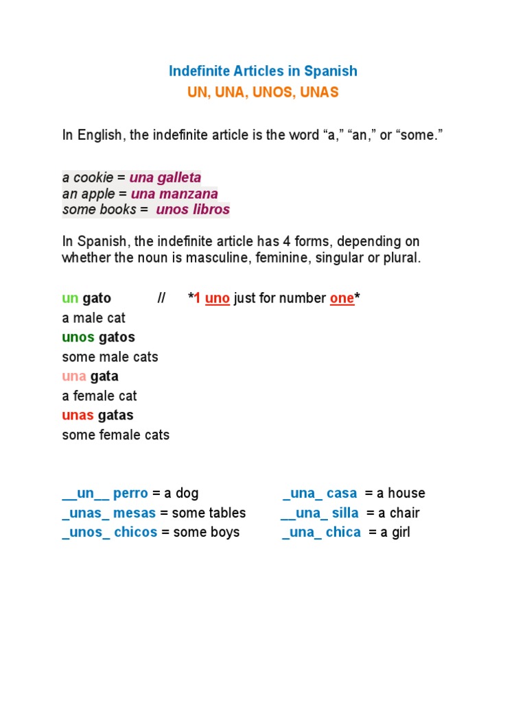 Indefinite Articles in Spanish PDF | PDF