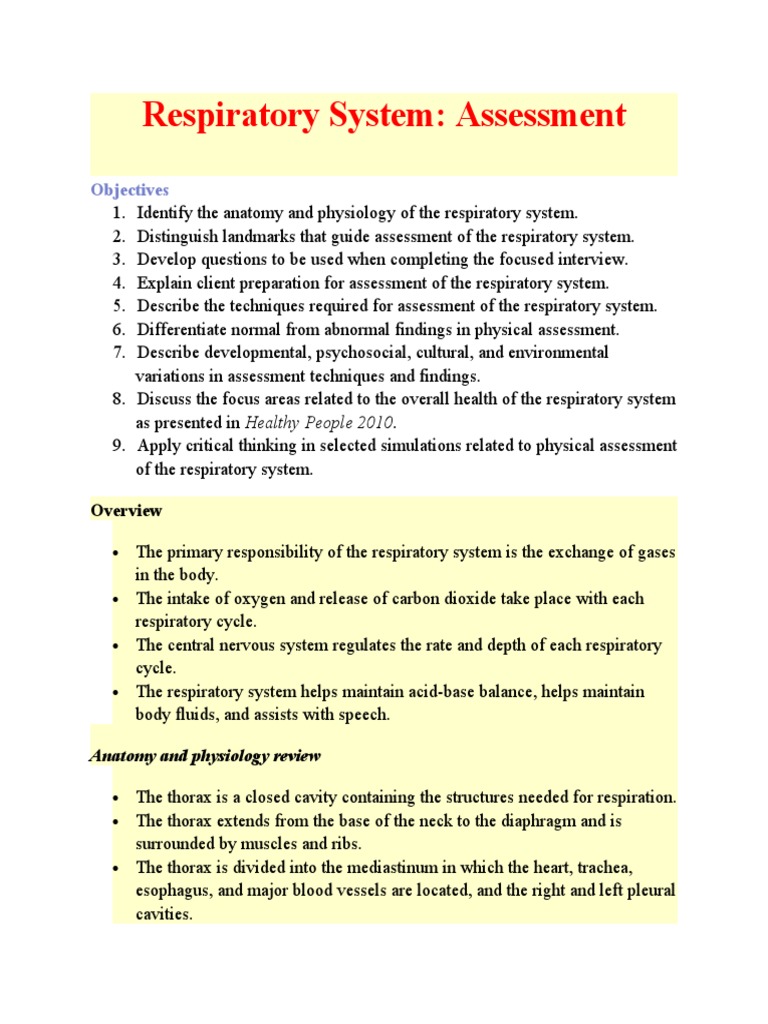 Respiratory System: Assessment: Objectives | PDF
