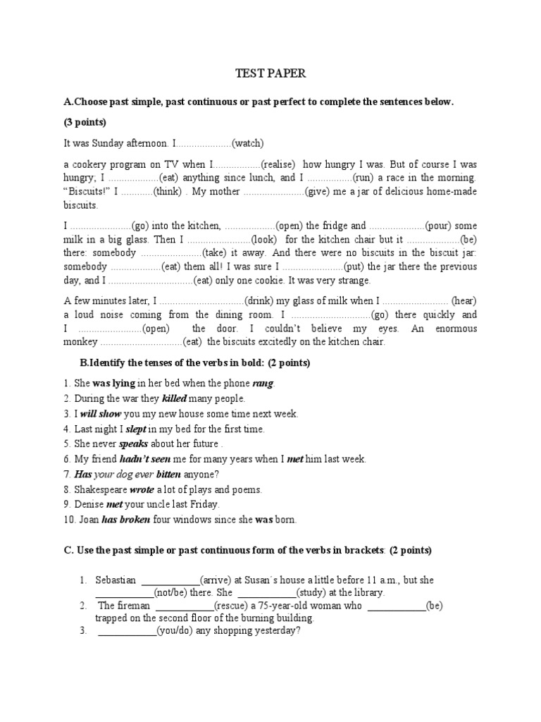 Test Paper: A.Choose Past Simple, Past Continuous or Past Perfect To ...