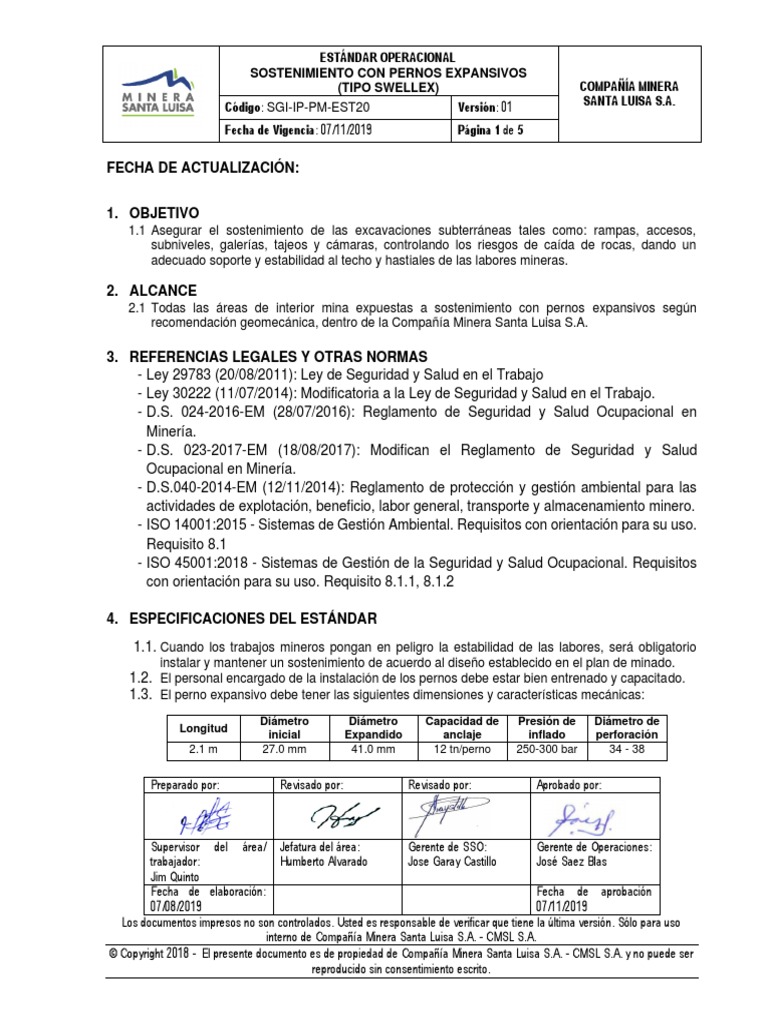 ESTÁNDAR SGI-IP-PM-EST20 - Sostenimiento Con Pernos Expansivos. | PDF ...