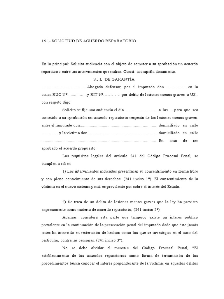 161 - Solicitud de Acuerdo Reparatorio | PDF | Derecho penal | Ley procesal 161 - Solicitud de Acuerdo Reparatorio | PDF | Derecho penal | Ley procesal