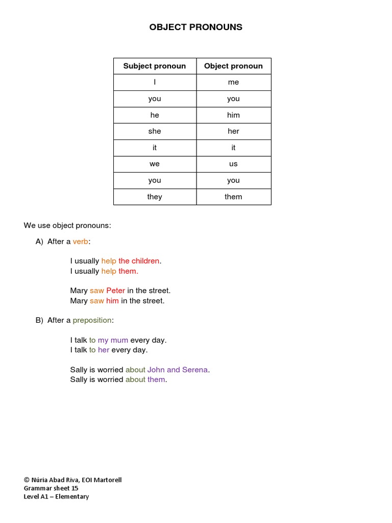 Object Pronouns: Subject Pronoun Object Pronoun | Descargar gratis PDF ...