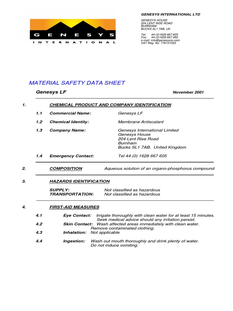 Genesys LF Antiscalant Safety Data Sheet | PDF | Occupational Hygiene ...