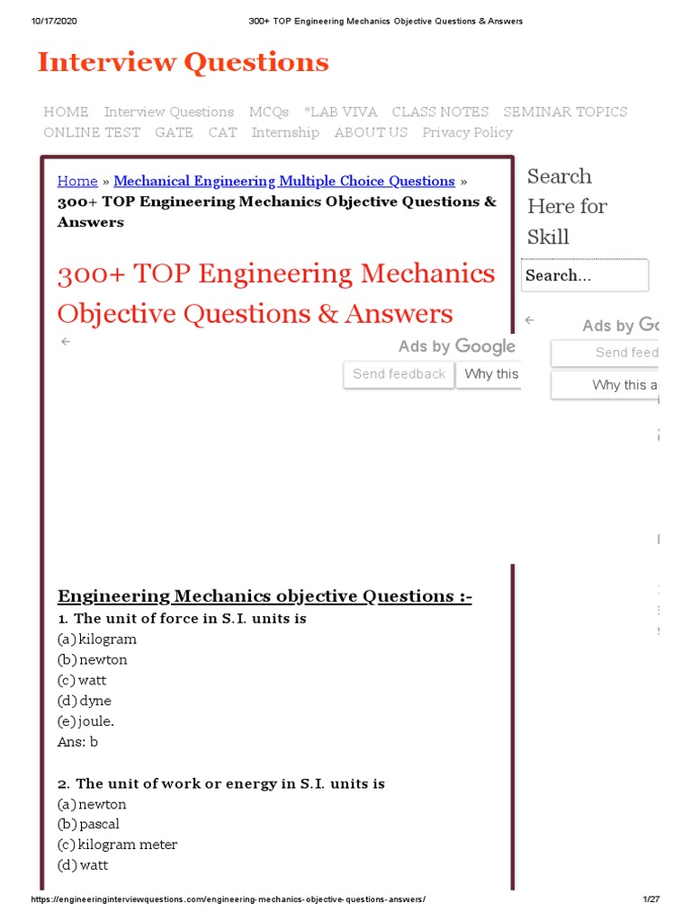 300+ TOP Engineering Mechanics Objective Questions & Answers | PDF ...
