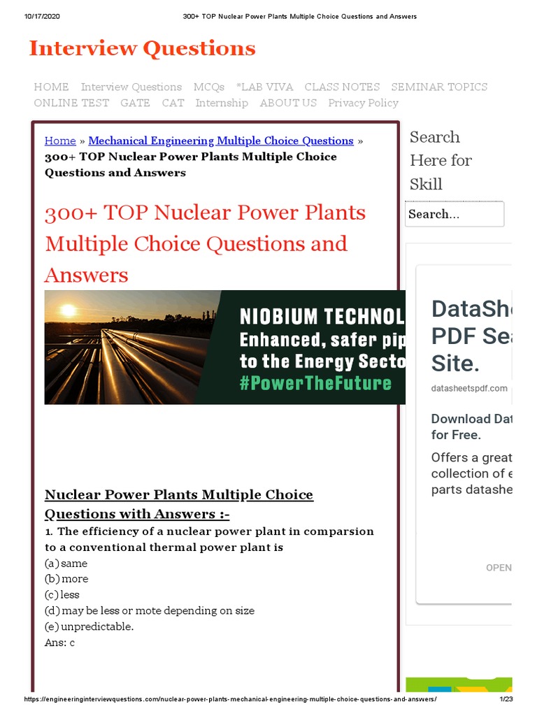 300+ TOP Nuclear Power Plants Multiple Choice Questions and Answers ...
