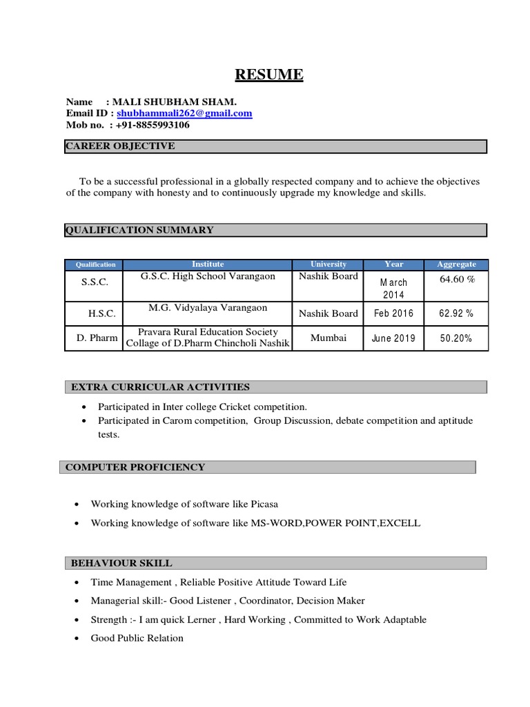 Professional Resume of Mali Shubham Sham | PDF | Cognition ...