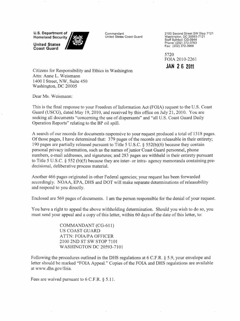 CREW: U.S. Coast Guard (USCG) : Regarding BP Oil Spill: 1/26/11 ...