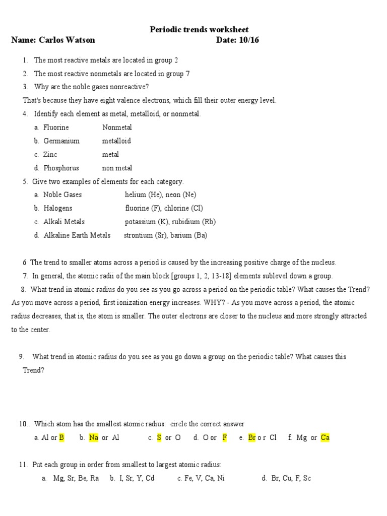 Periodic Trends Worksheet Overview | PDF | Periodic Table | Atomic