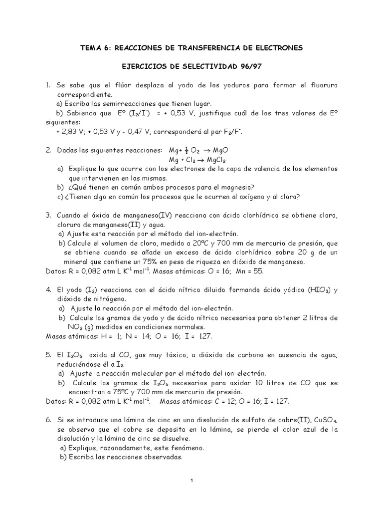 Tema 6 Reacciones De Transferencia De Electrones Pdf Redox ácido