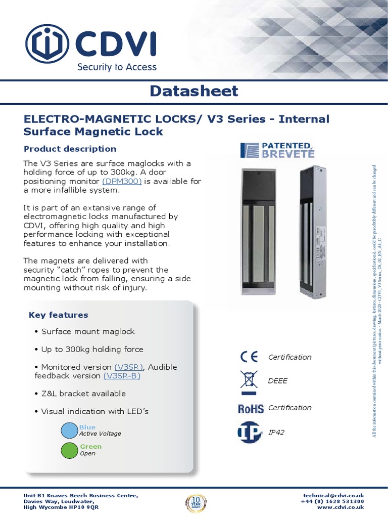 Datasheet: ELECTRO-MAGNETIC LOCKS/ V3 Series - Internal Surface ...