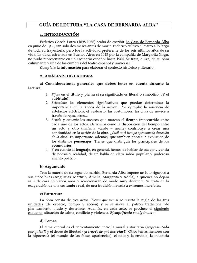 Guia Lectura Casa Bernarda Alba | PDF | Federico García Lorca | Teatro