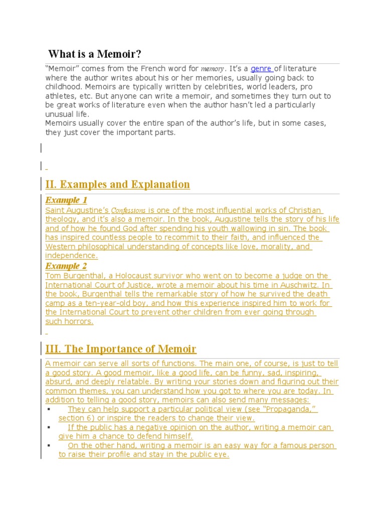 What Is A Memoir?: II. Examples and Explanation | PDF | Memoir ...