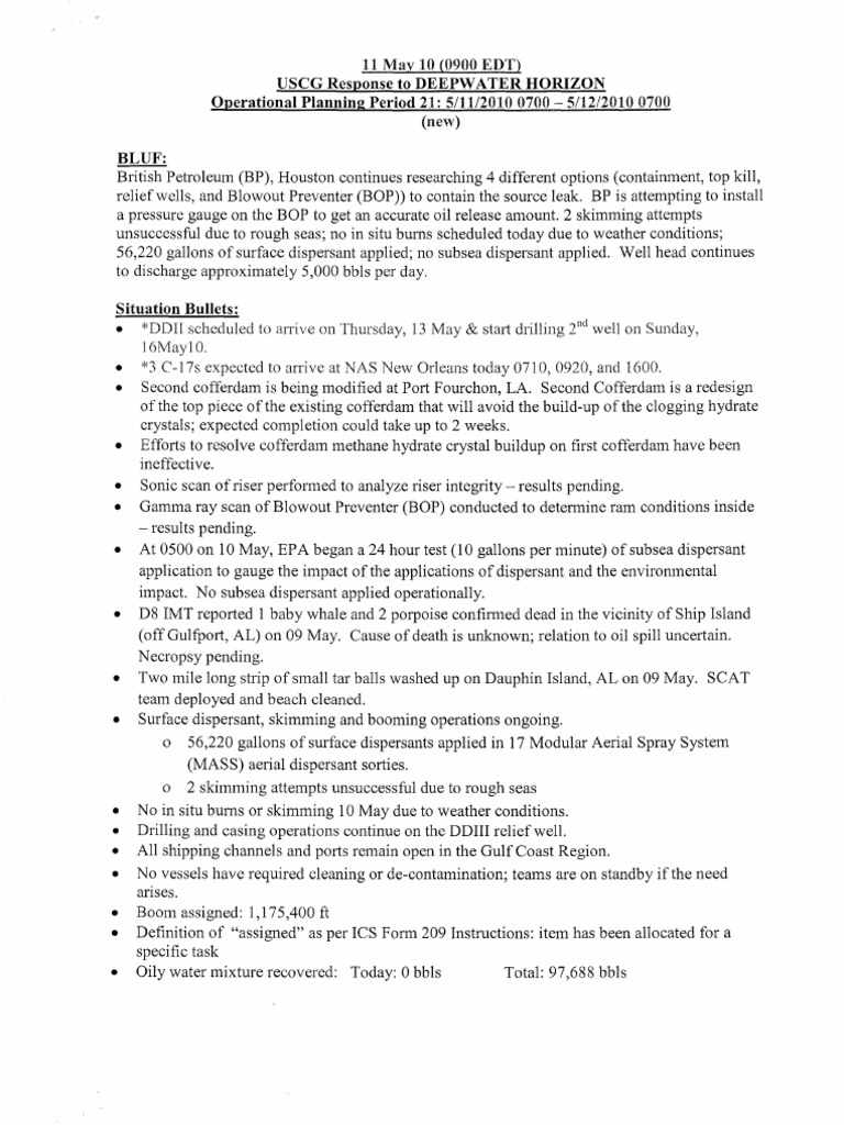 Uscg Response To Deepwater Horizon Operational Planning Period 21 | PDF ...