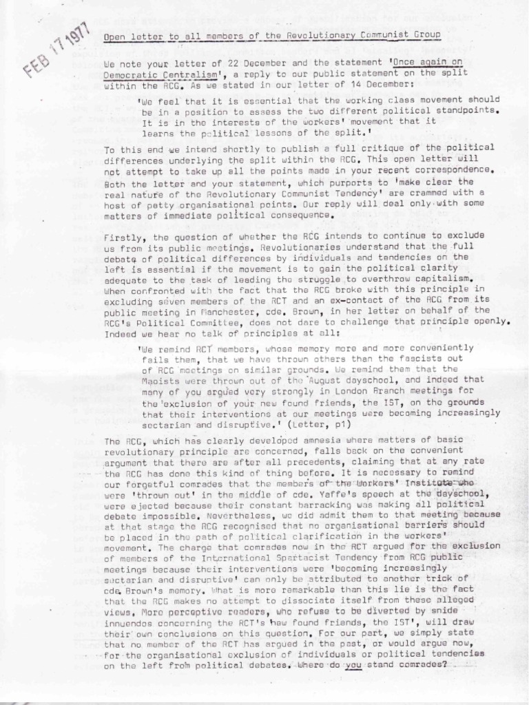 RCT Open Letter To All Members of The RCG, 1 February 1977 | PDF