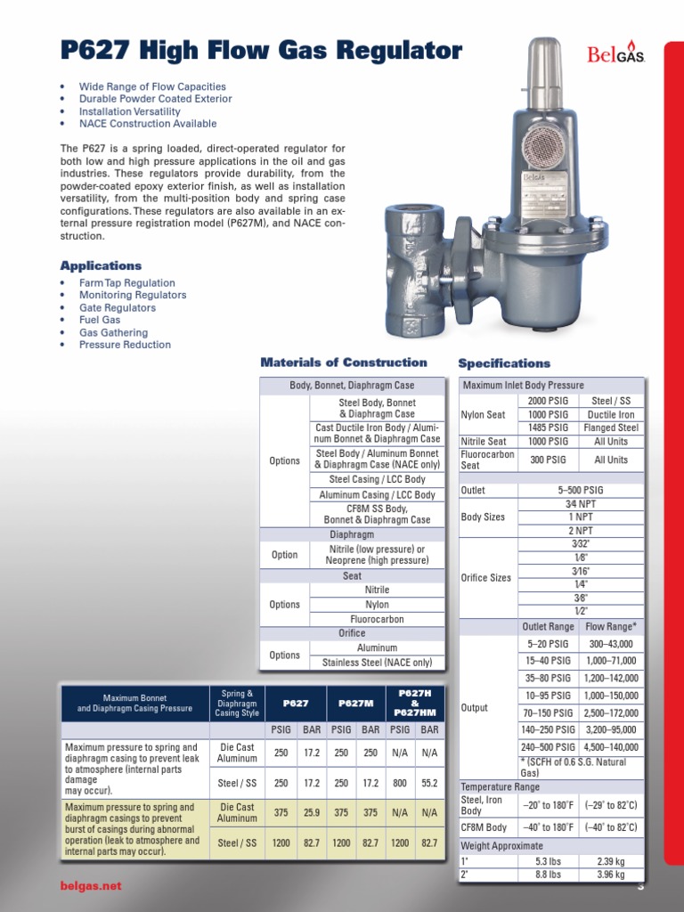 P627 High Flow Gas Regulator: Applications | PDF | Valve | Pressure ...