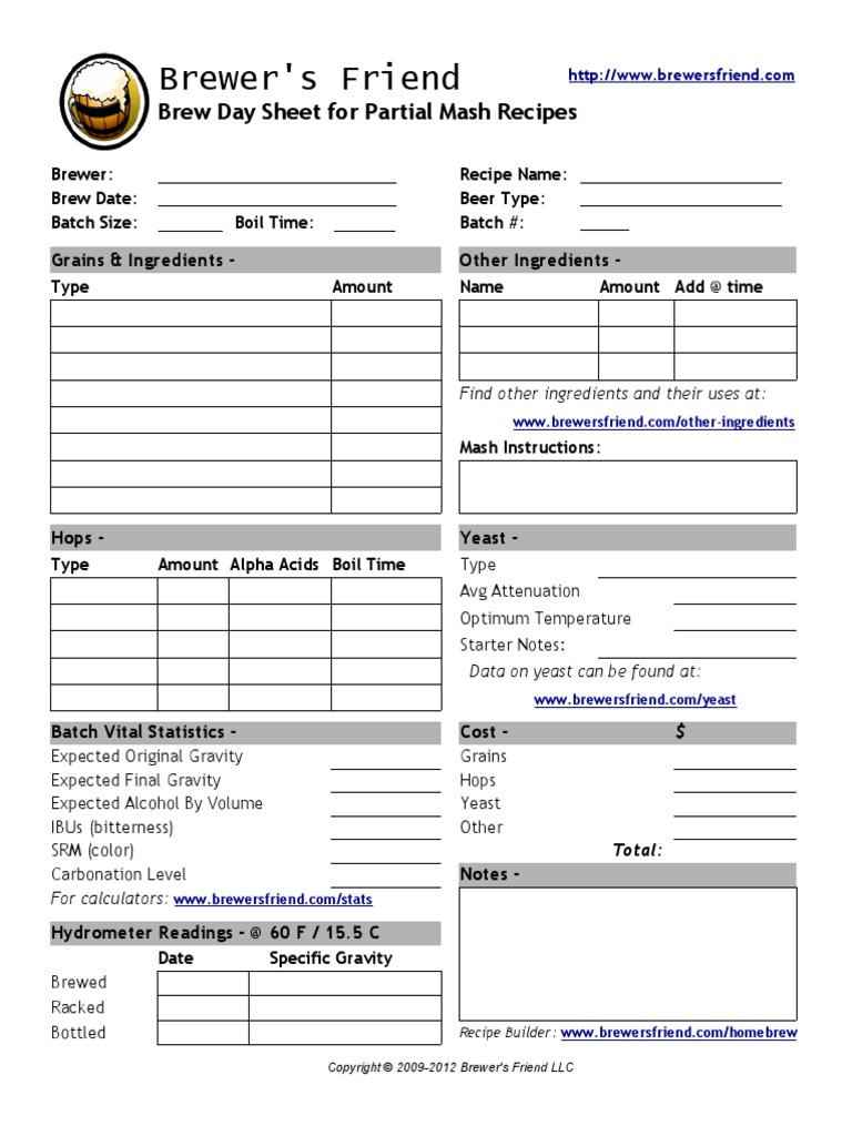 Brewer's Friend: Brew Day Sheet For Partial Mash Recipes | PDF