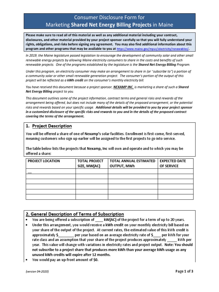 Maine NEB KWH - Disclosure Form - Nexamp Template - Final | PDF ...