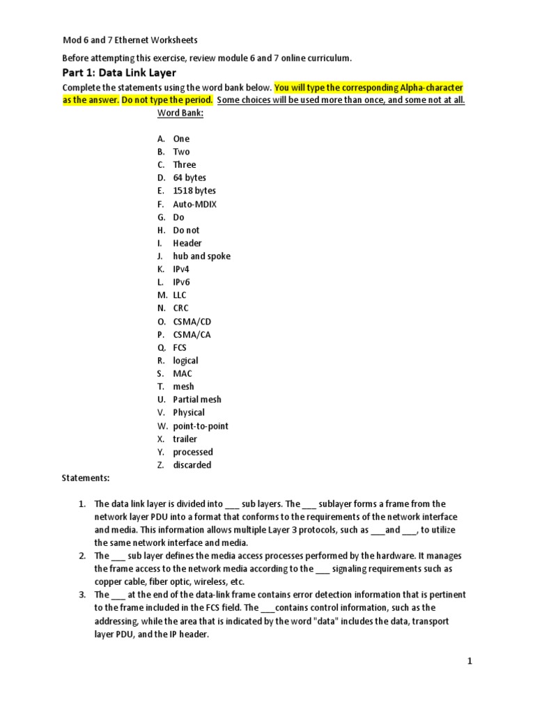 Mod 6 and 7 Worksheet | PDF | Network Switch | Network Topology