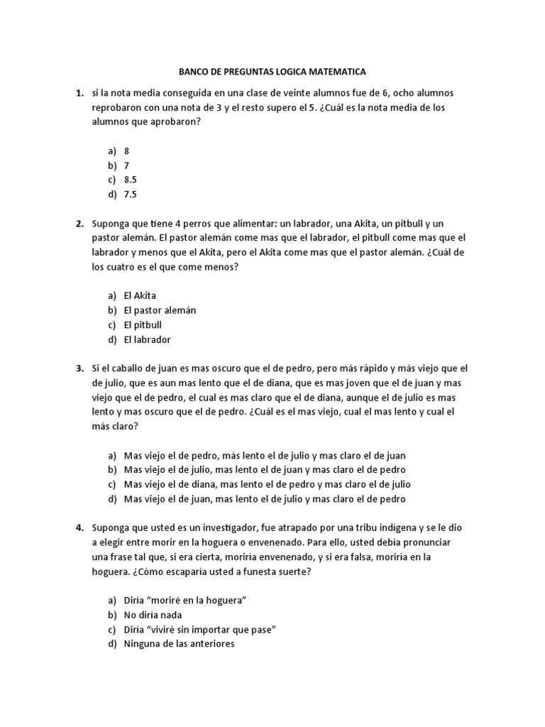 Banco de Preguntas de Lógica Matemática | PDF | Refresco | Naturaleza
