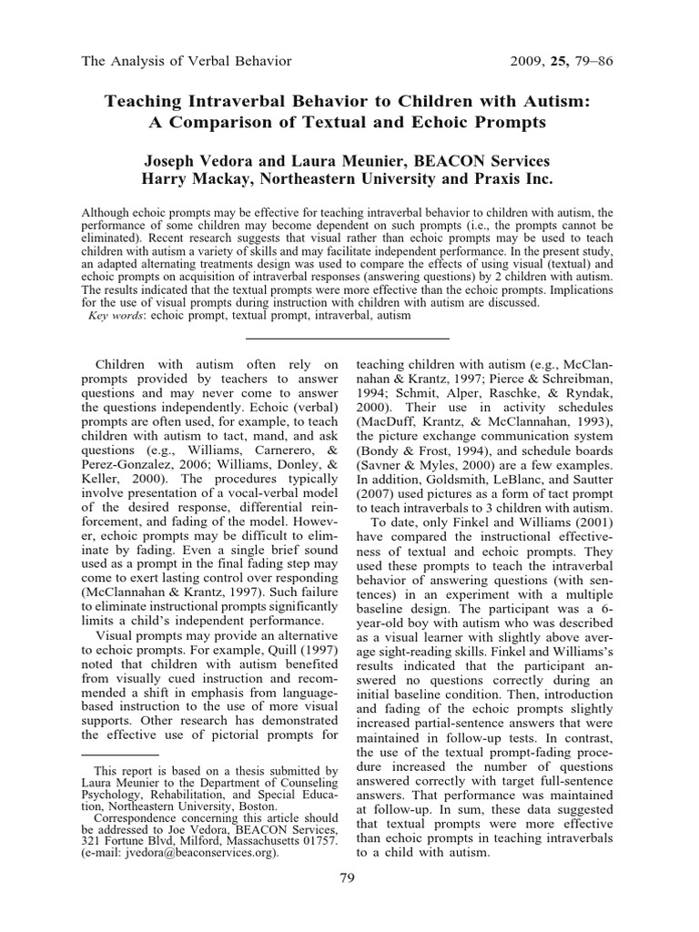 Teaching Intraverbal Behavior To Children With Autism: A Comparison of ...