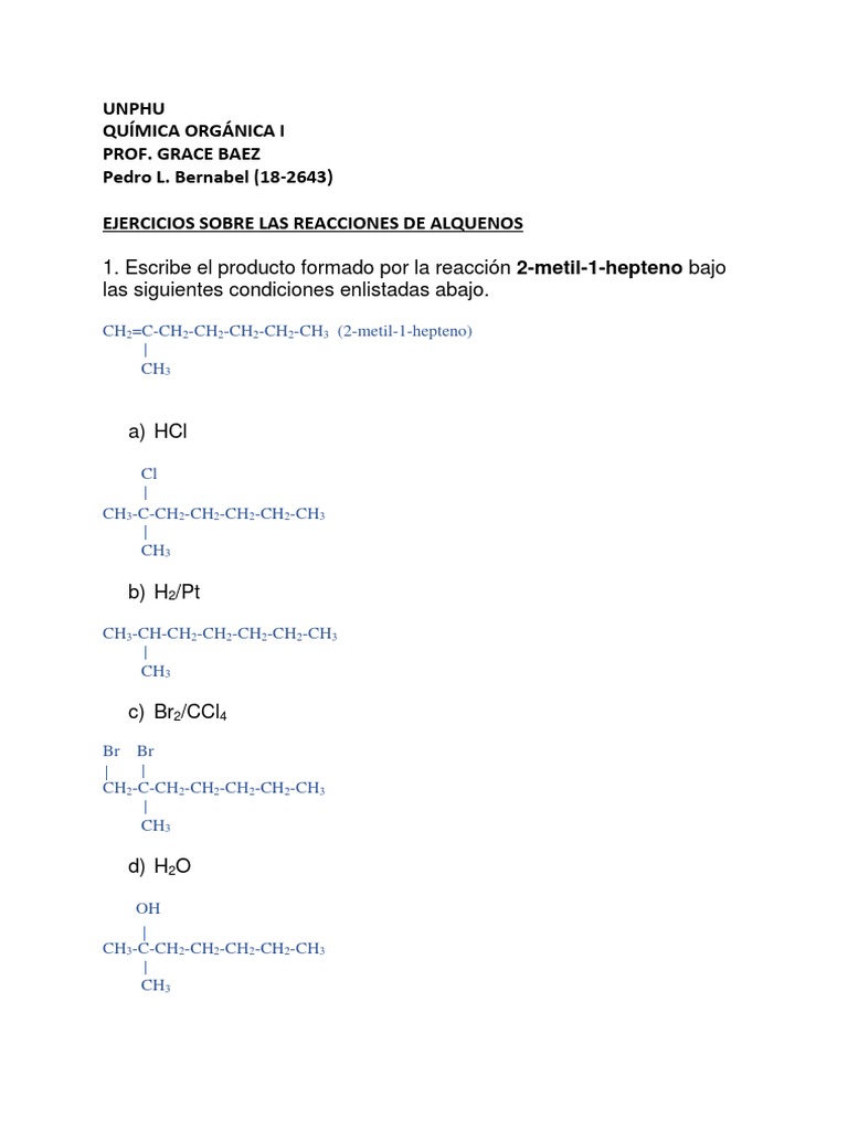 Ejercicios Reacciones de Alquenos PDF | PDF