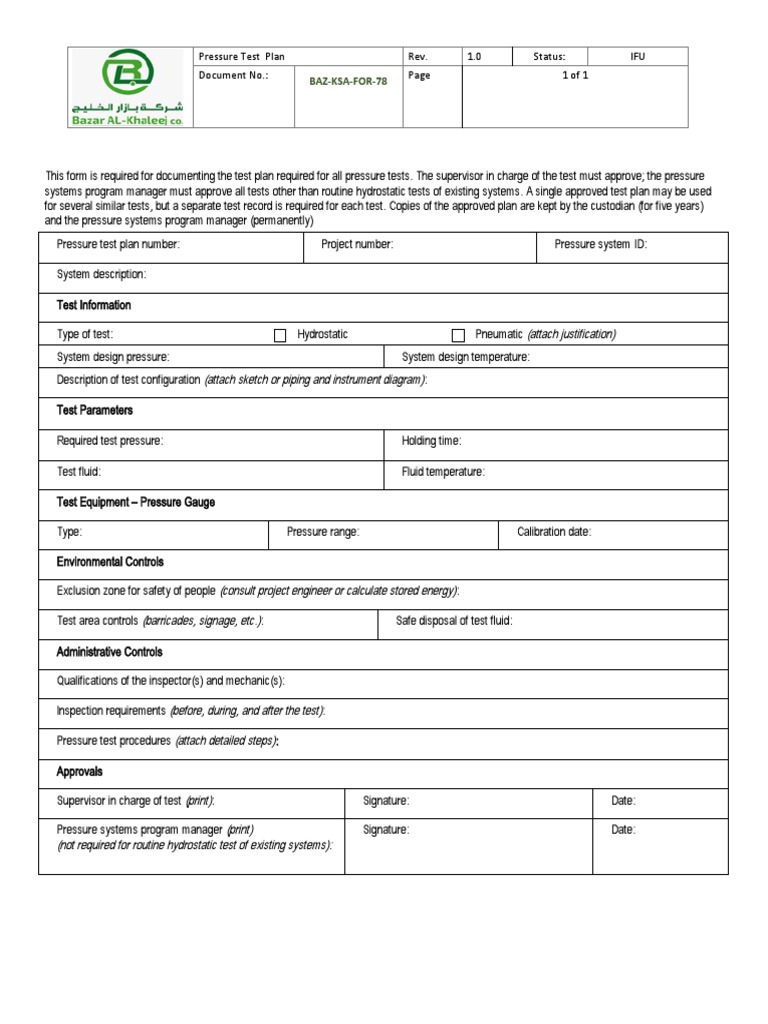 Pressure Test Plan for an Unidentified Pressure System | PDF | Pressure ...