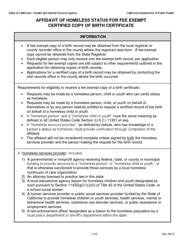 Affidavit of Homeless Status For Fee Exempt Certified Copy of Birth ...