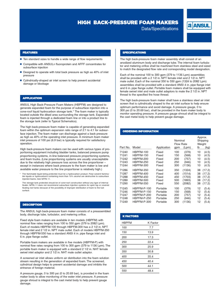 High Back-Pressure Foam Makers: Data/Specifications | PDF | Valve ...