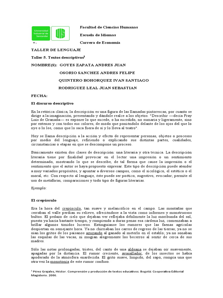 Taller 5. El Discurso Descriptivo | PDF | Retrato | Transbordador espacial