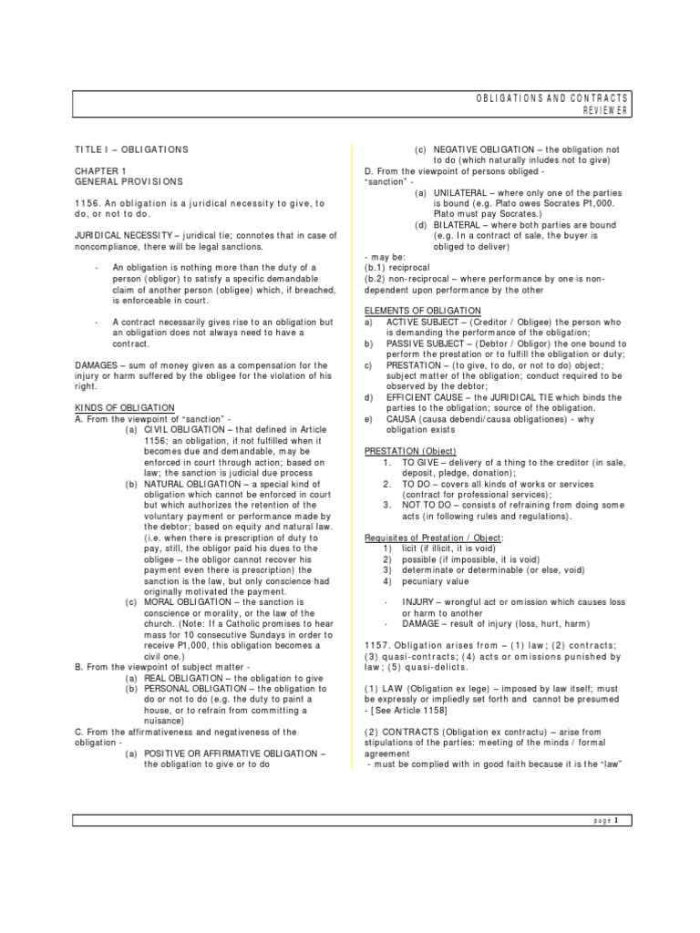Oblicon Notes 1 | PDF | Law Of Obligations | Negligence