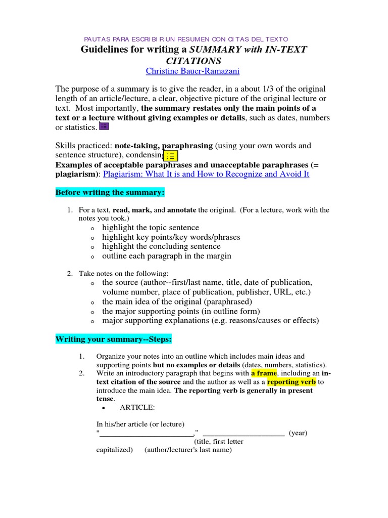 Guidelines For Writing A Summary With In-Text Citations | PDF ...