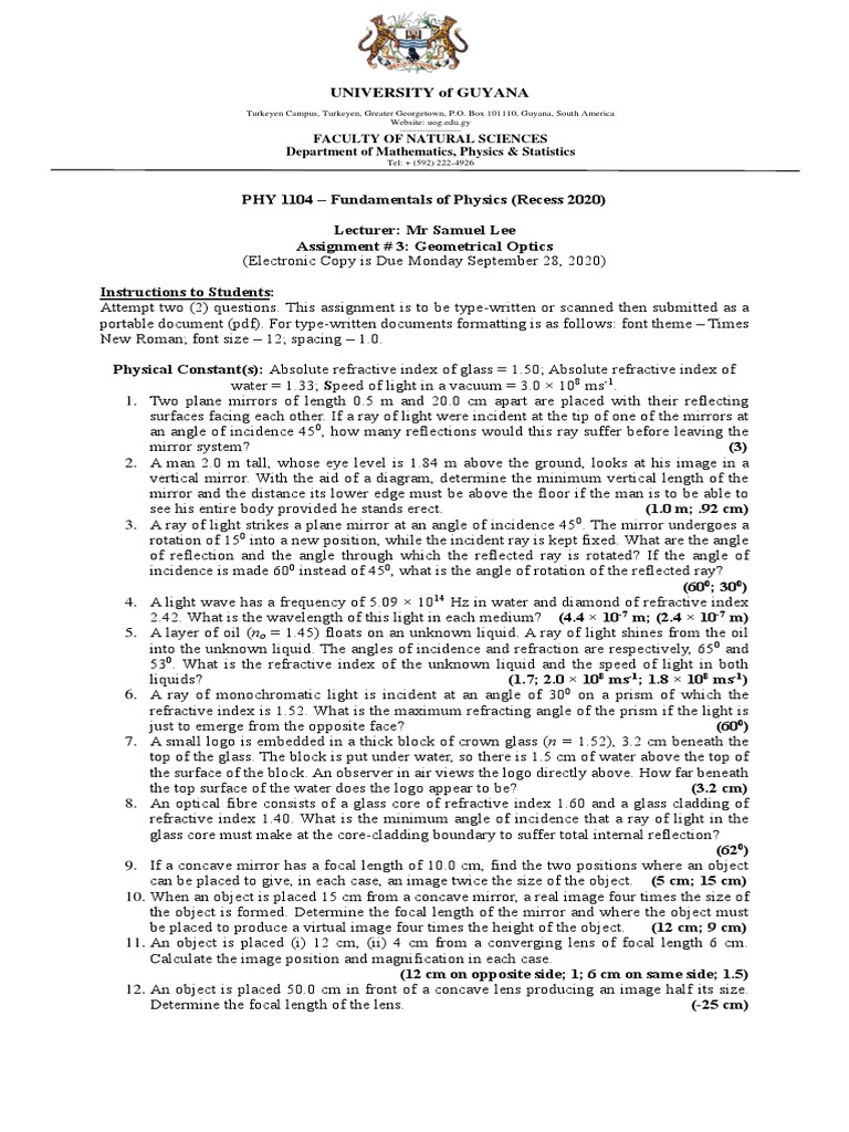 Geometrical Optics Assignment Pdf Refraction Refractive Index