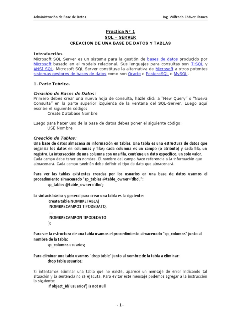 Practica N-1-Creacion de BD y Tablas | PDF | SQL | Base de datos relacional