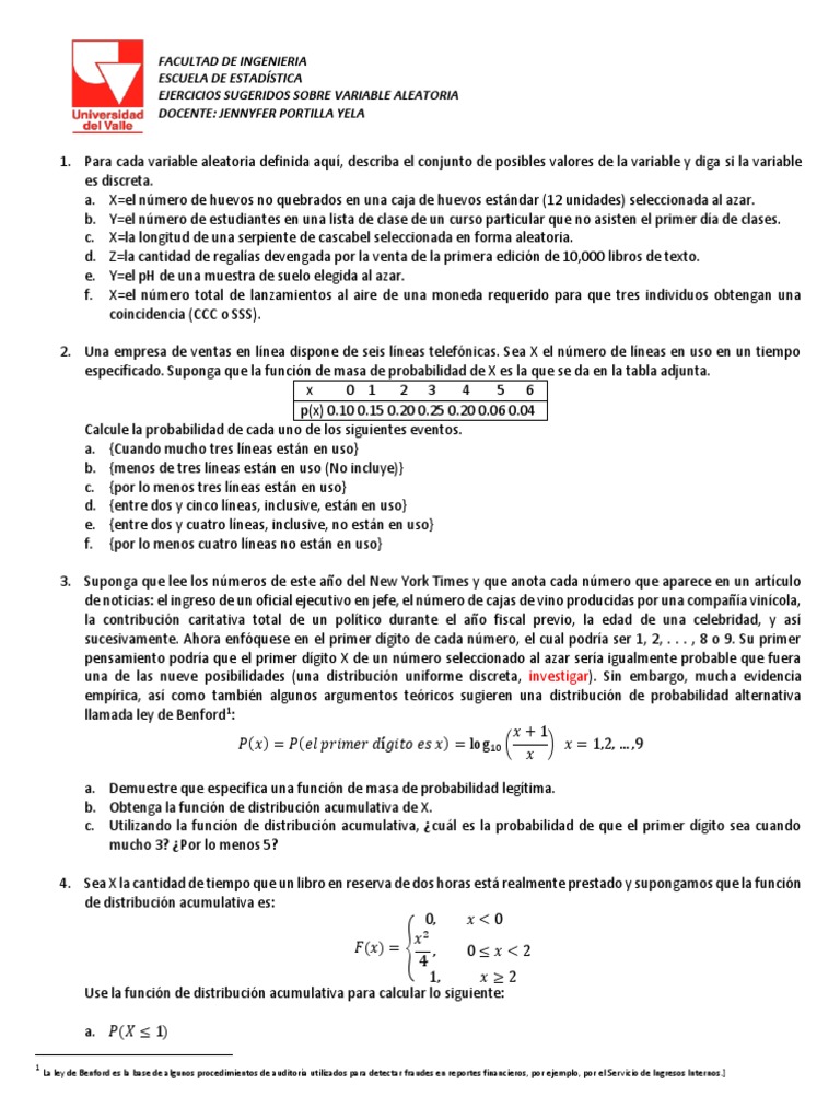 Ejercicios Sobre Variable Aleatoria PDF | PDF | Variable aleatoria | Probabilidad