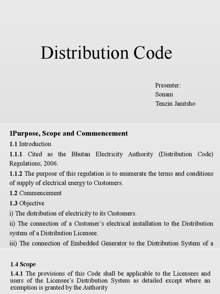 Distribution Code: Presenter: Sonam Tenzin Jamtsho | PDF | Electric ...