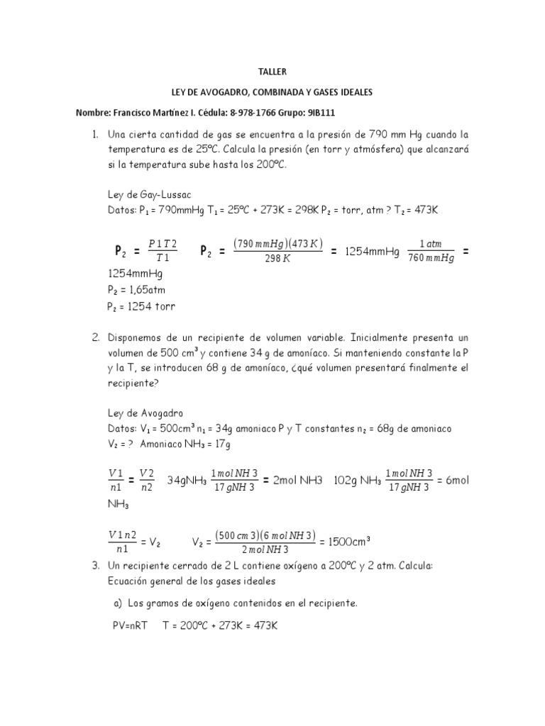Taller #7 Avogadro, Combinada e Ideales | PDF | Gases | Mole (Unidad)