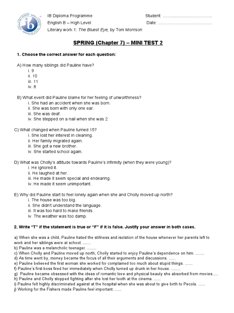 Chapter 7 Quiz: The Bluest Eye | PDF | Language Arts & Discipline
