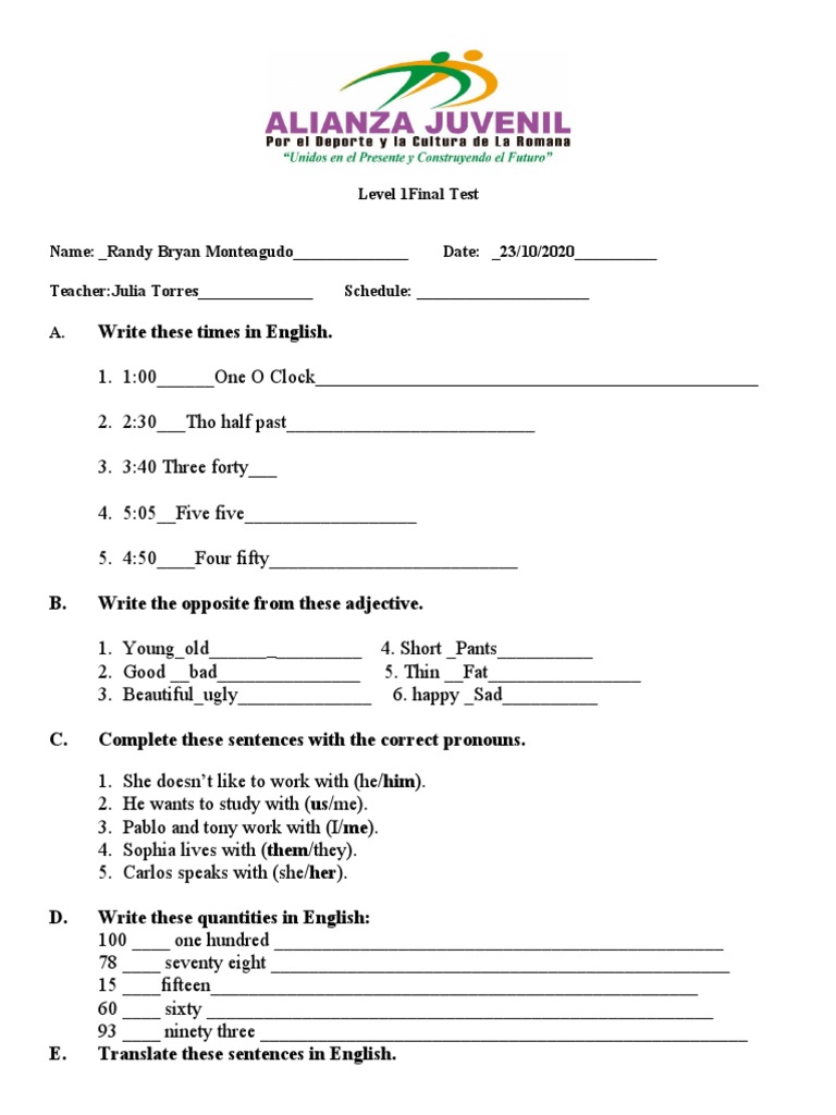 Level 1 English Final Test Answers | PDF | Morphology | Cognition