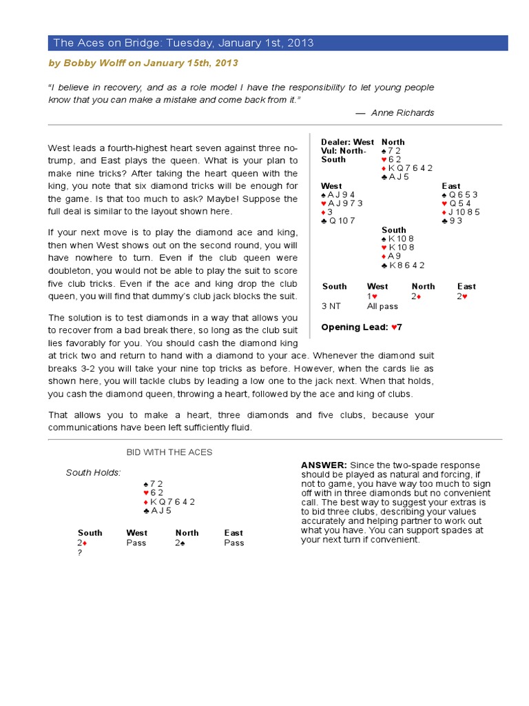 The Aces On Bridge 2013 - Bobby Wolff PDF | PDF | Contract Bridge | Playing Cards