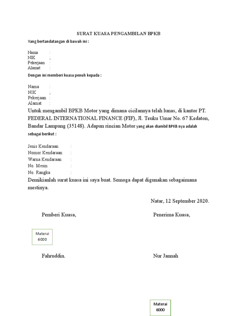 Surat Kuasa Pengambilan BKPB Motor Di Leasing | PDF
