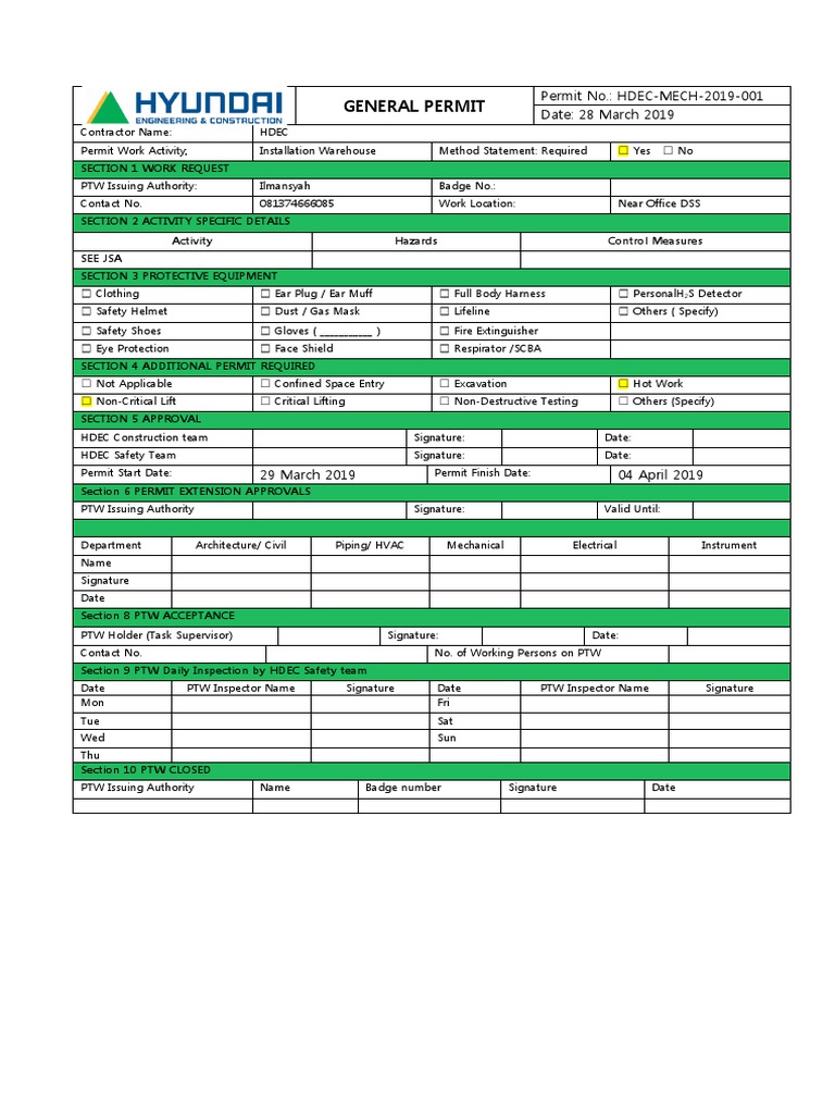 Installation of a Warehouse: A Work Permit for Equipment Installation ...