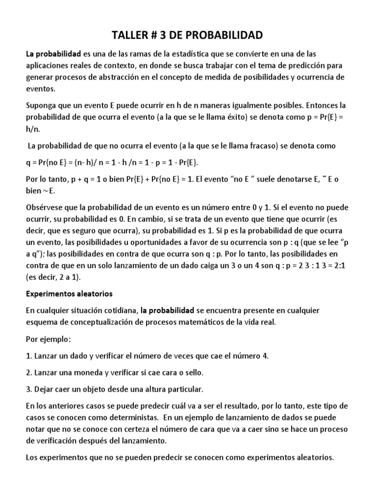 Taller de probabilidad 3: Definiciones básicas de probabilidad | PDF | Probabilidad | Método ...