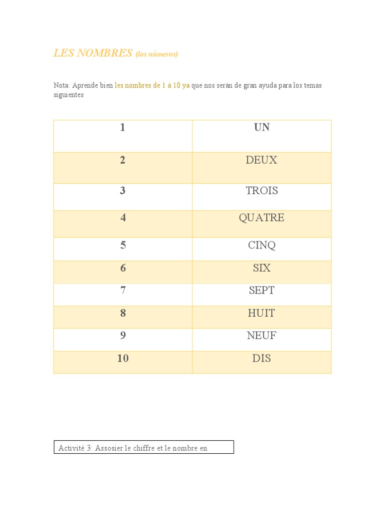 Nombres de 1 à 10 : Apprentissage et exercices | PDF